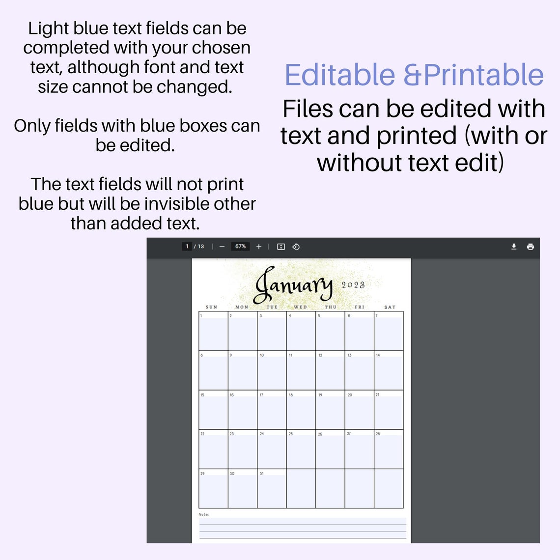 2023 Calendar, Printable Editable Portrait Calendar, Color Mist ...