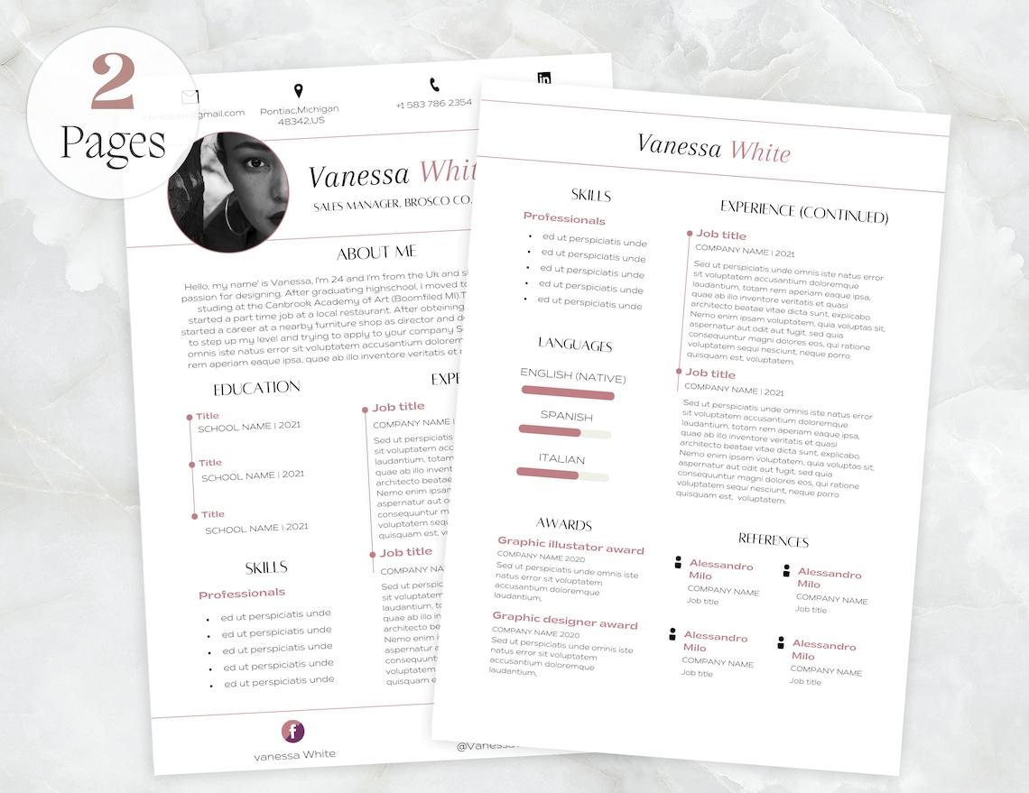 Professional Resume Template , CV Template , 2 Pages Editable ...
