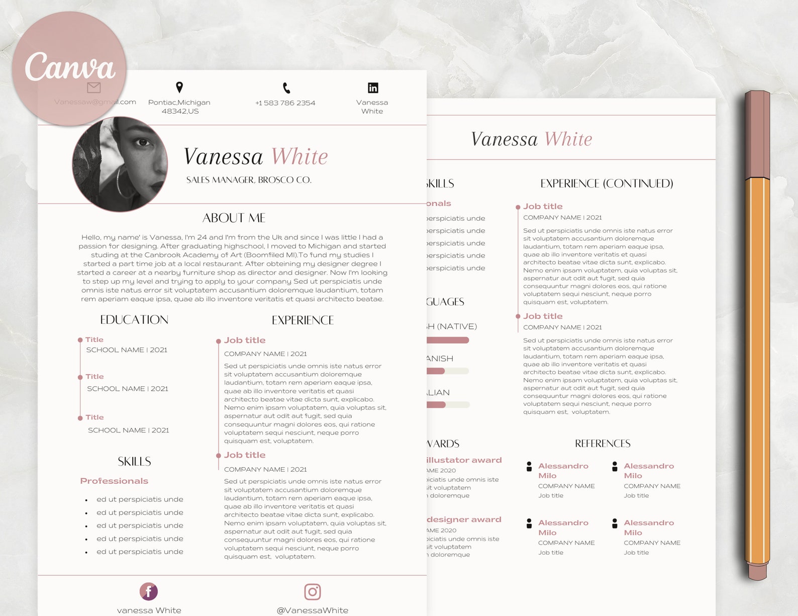 Professional Resume Template , CV Template , 2 Pages Editable ...