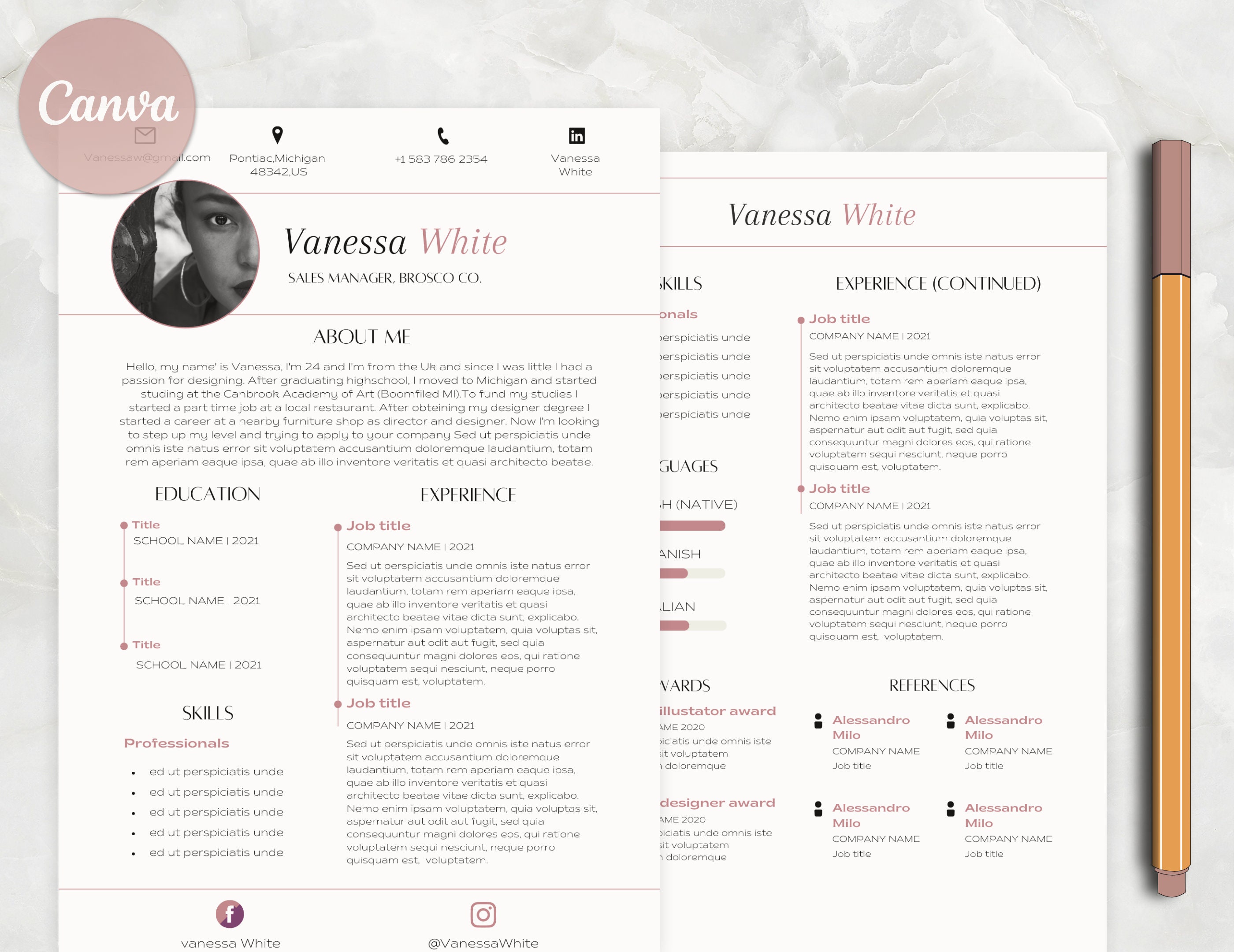 Professional Resume Template , CV Template , 2 Pages Editable ...