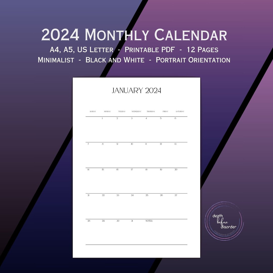 2024 Monthly Calendar Printable 2024 Monthly Planner Printable Portrait ...