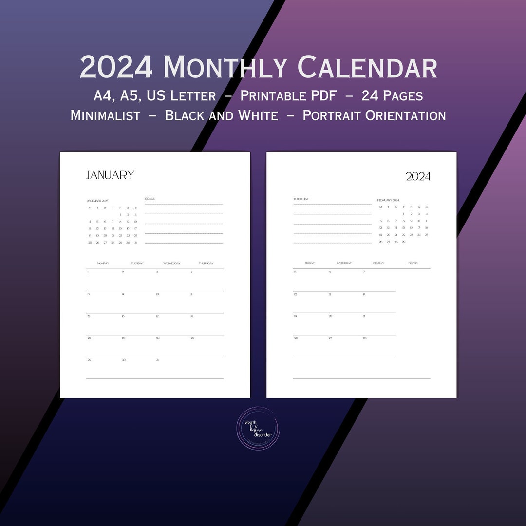 2 Page Monthly Calendar 2024 Printable PDF Minimalist Planner Portrait ...