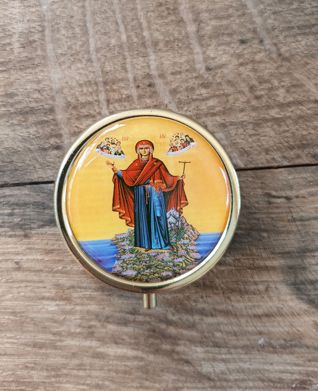 Round Pill Box With Virgin Mary Orthodox Icon, Multi Compartment Pill ...