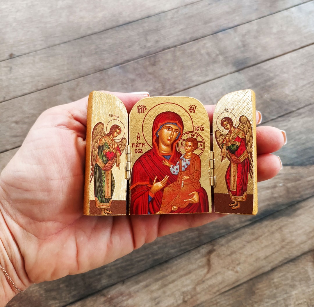 Mini Triptych Orthodox Icon, Virgin Mary and Jesus With the Archangels Bedside Table Miniature ...