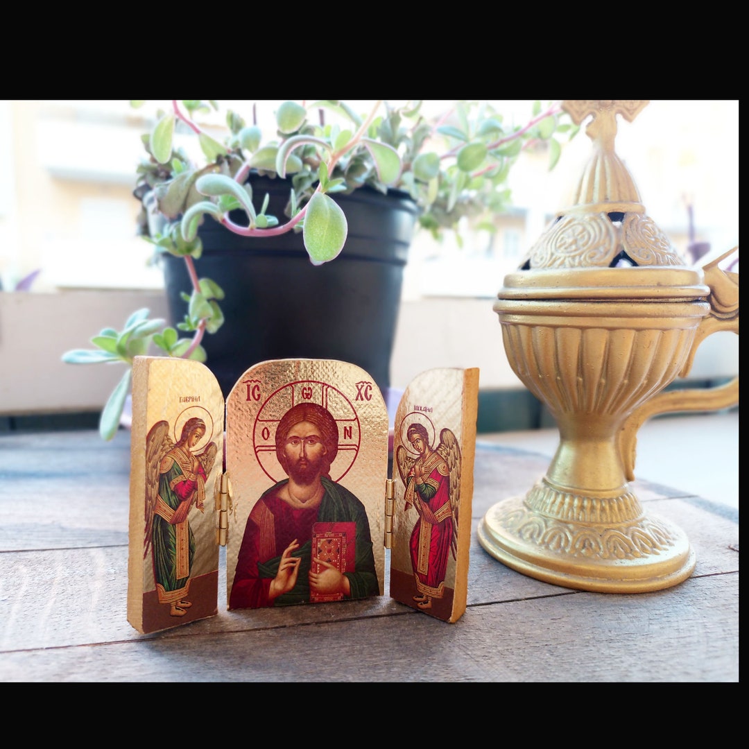 Mini Triptych Orthodox Icon, Jesus With the Archangels Bookshelf Miniature Icon, Christian ...