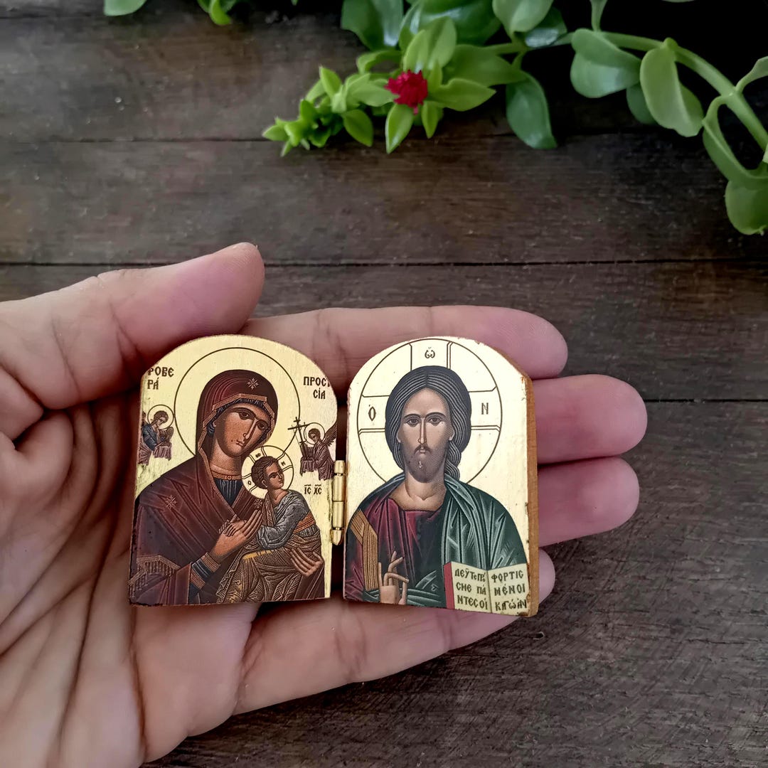 Mini Orthodox Diptych Icon of Virgin Mary and Jesus, Greek Christian ...