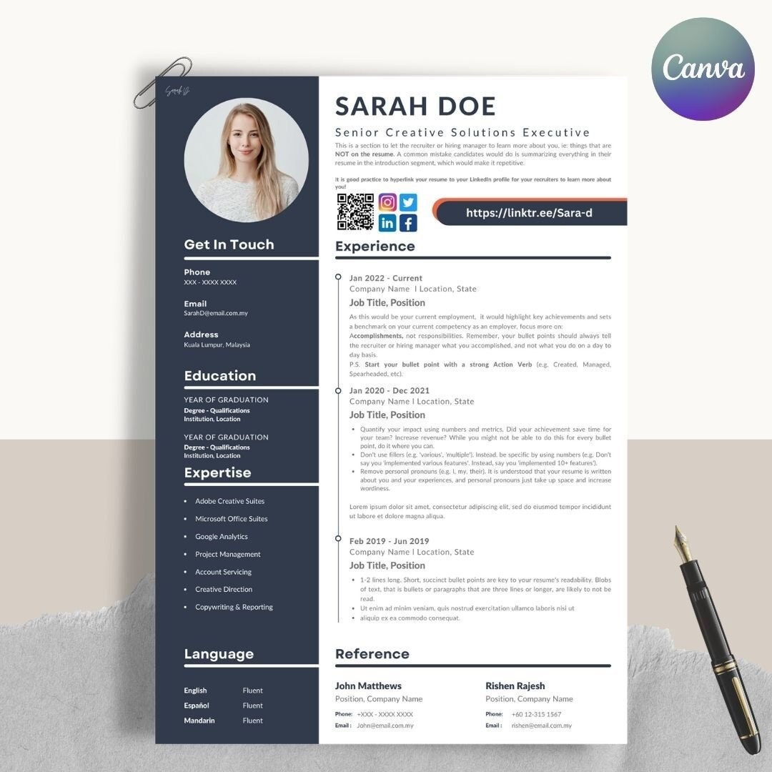 Modern Resume Template, Canva Resume, Canva Template. Professional ...