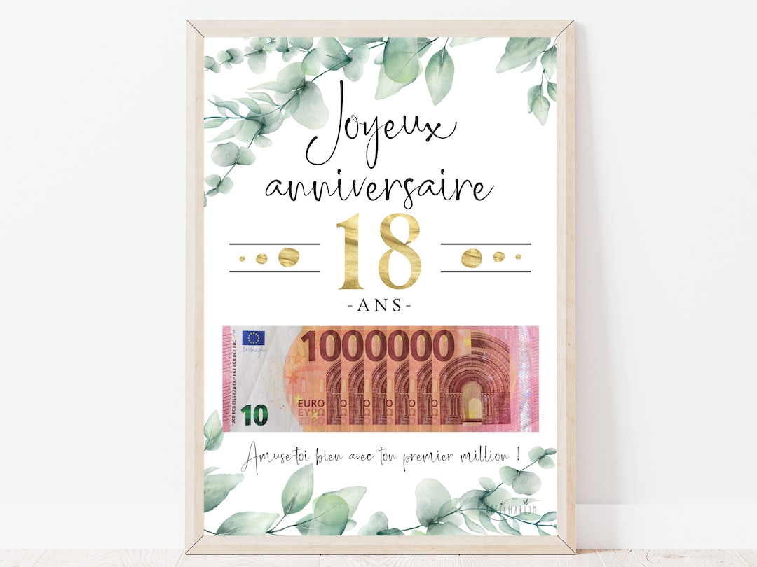Cadeau argent anniversaire 18 ans, ton premier million, affiche message ...