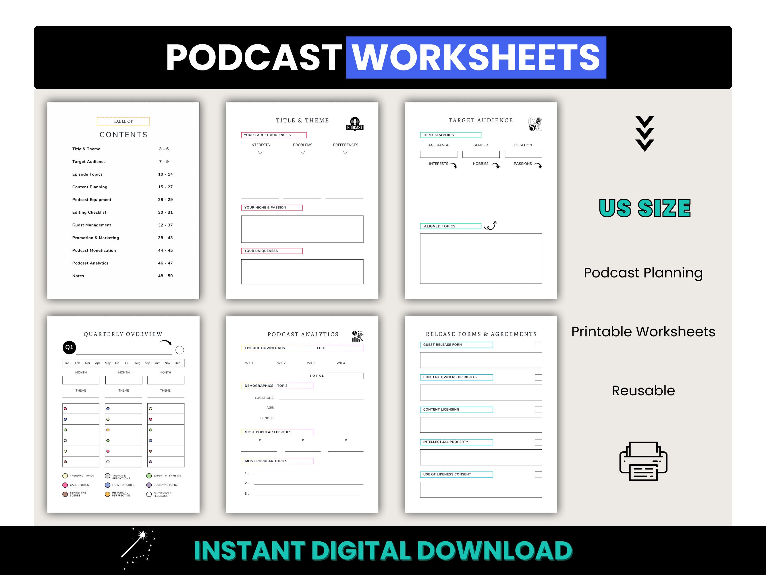 Podcast Planning Worksheets, US Size Podcast Planner, Podcast Printable ...