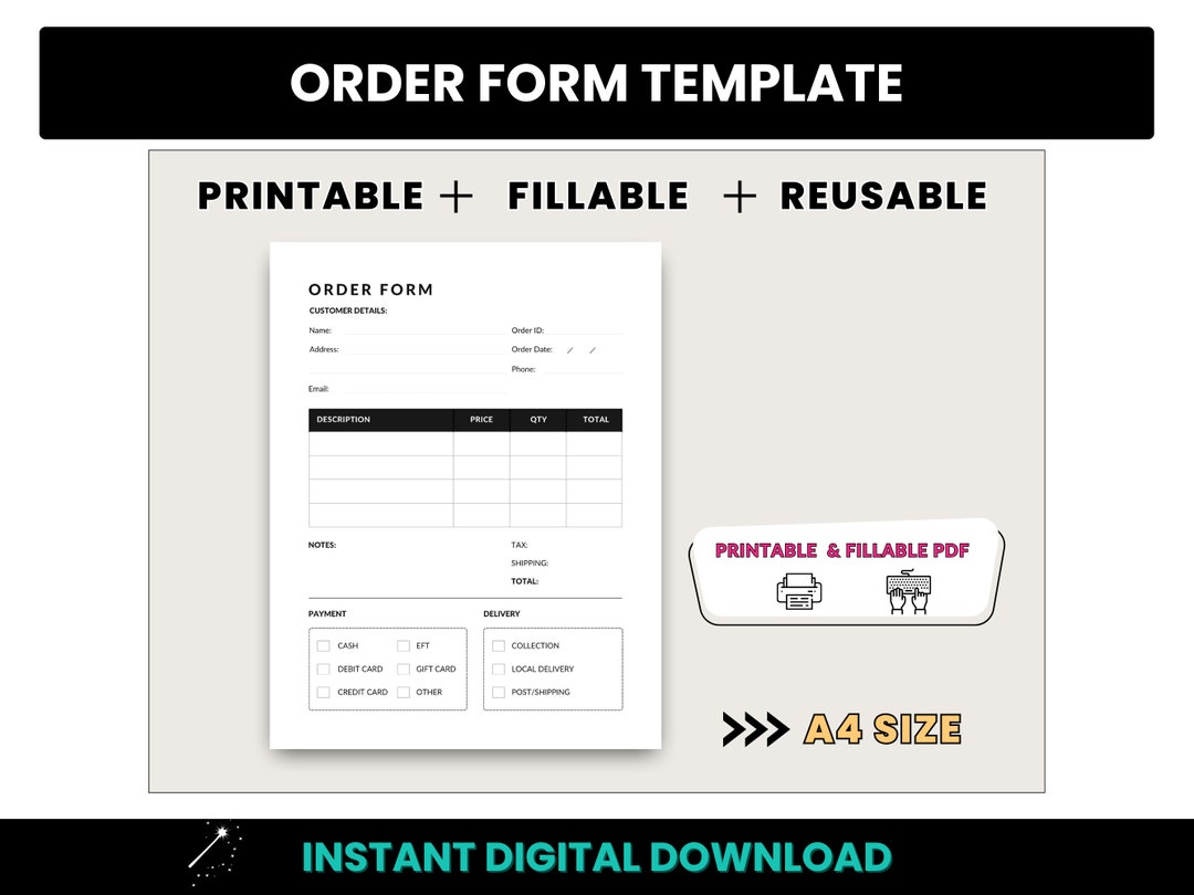 Order Form Template, A4 Fillable Order Form, Printable Order Form ...