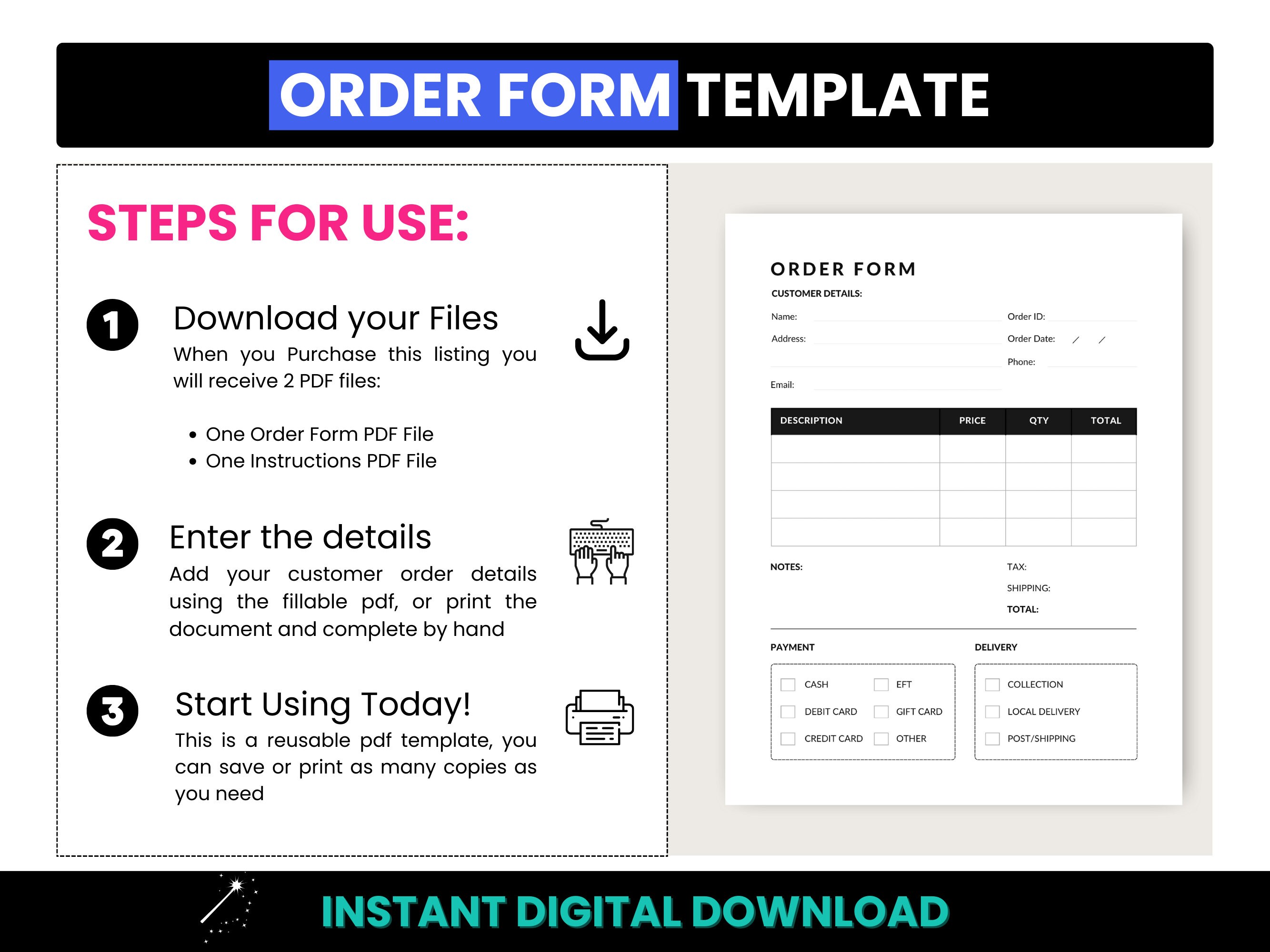 Order Form Template, A4 Fillable Order Form, Printable Order Form ...
