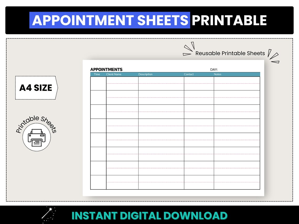 Appointment Sheets Printable, A4 Appointments Printable, A4 Landscape ...