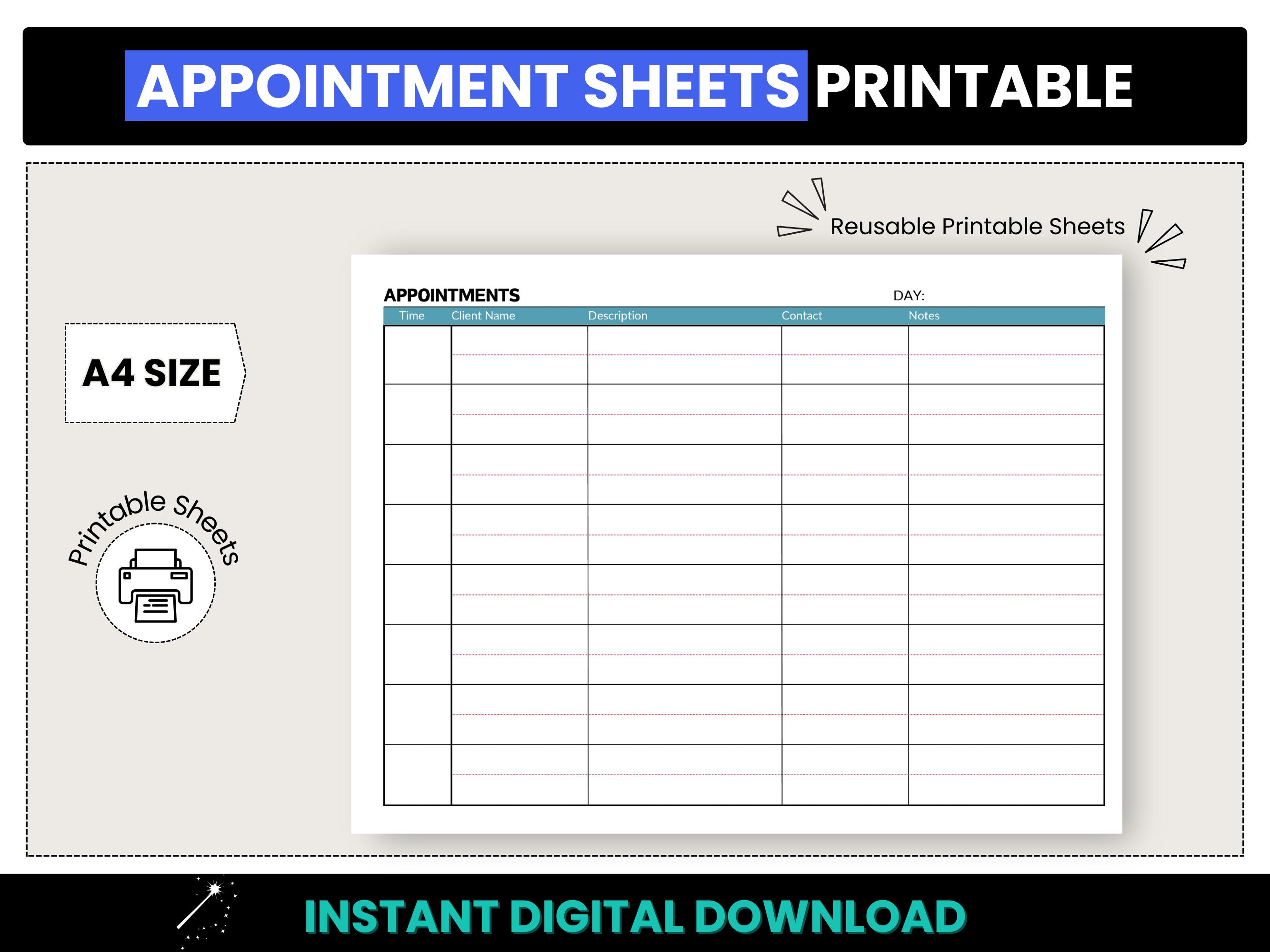 Appointment Sheets Printable, A4 Appointments Printable, A4 Landscape ...