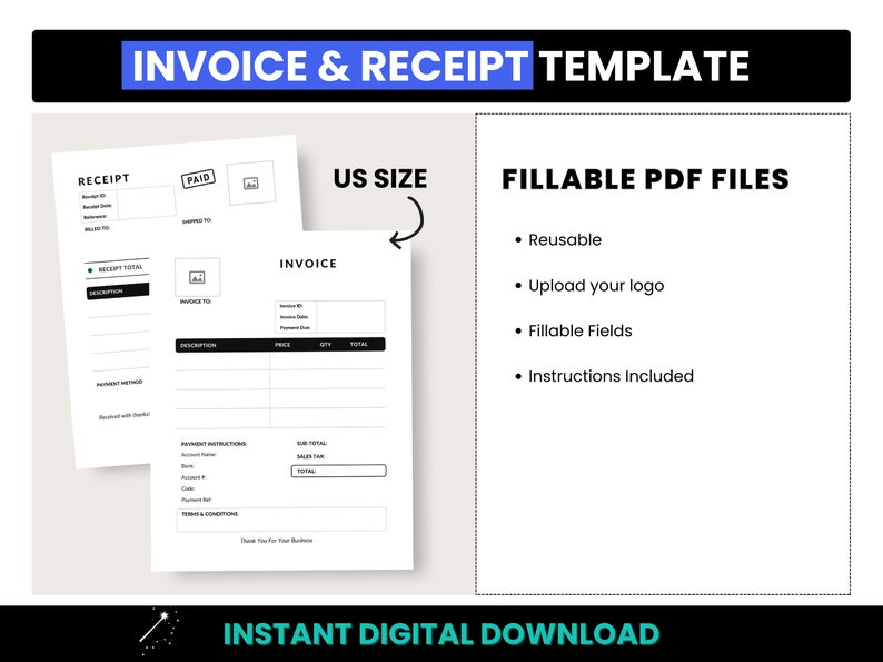 Invoice & Receipt Template, Fillable PDF Invoice, Business Invoice, US ...