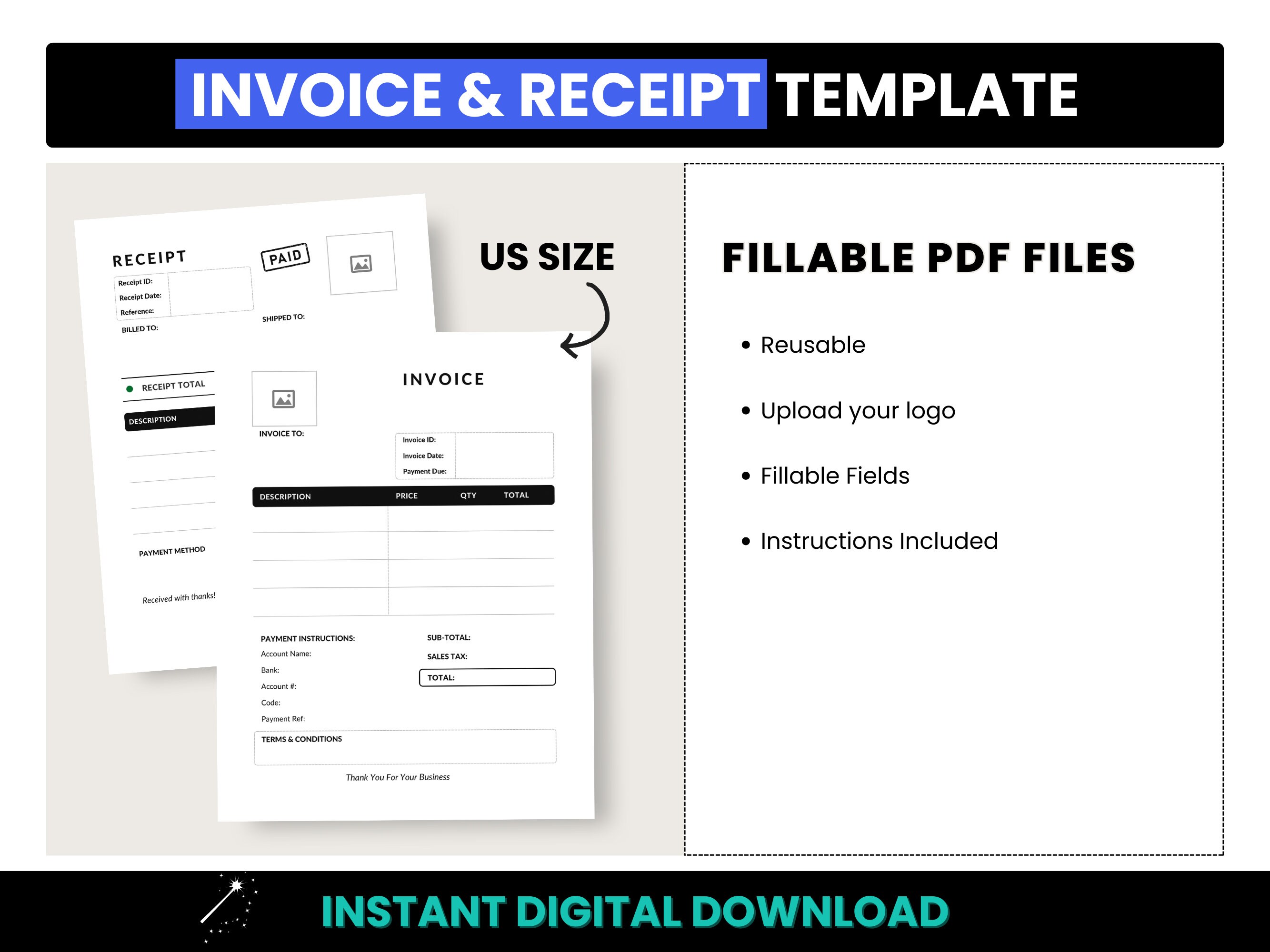 Invoice & Receipt Template, Fillable PDF Invoice, Business Invoice, US ...