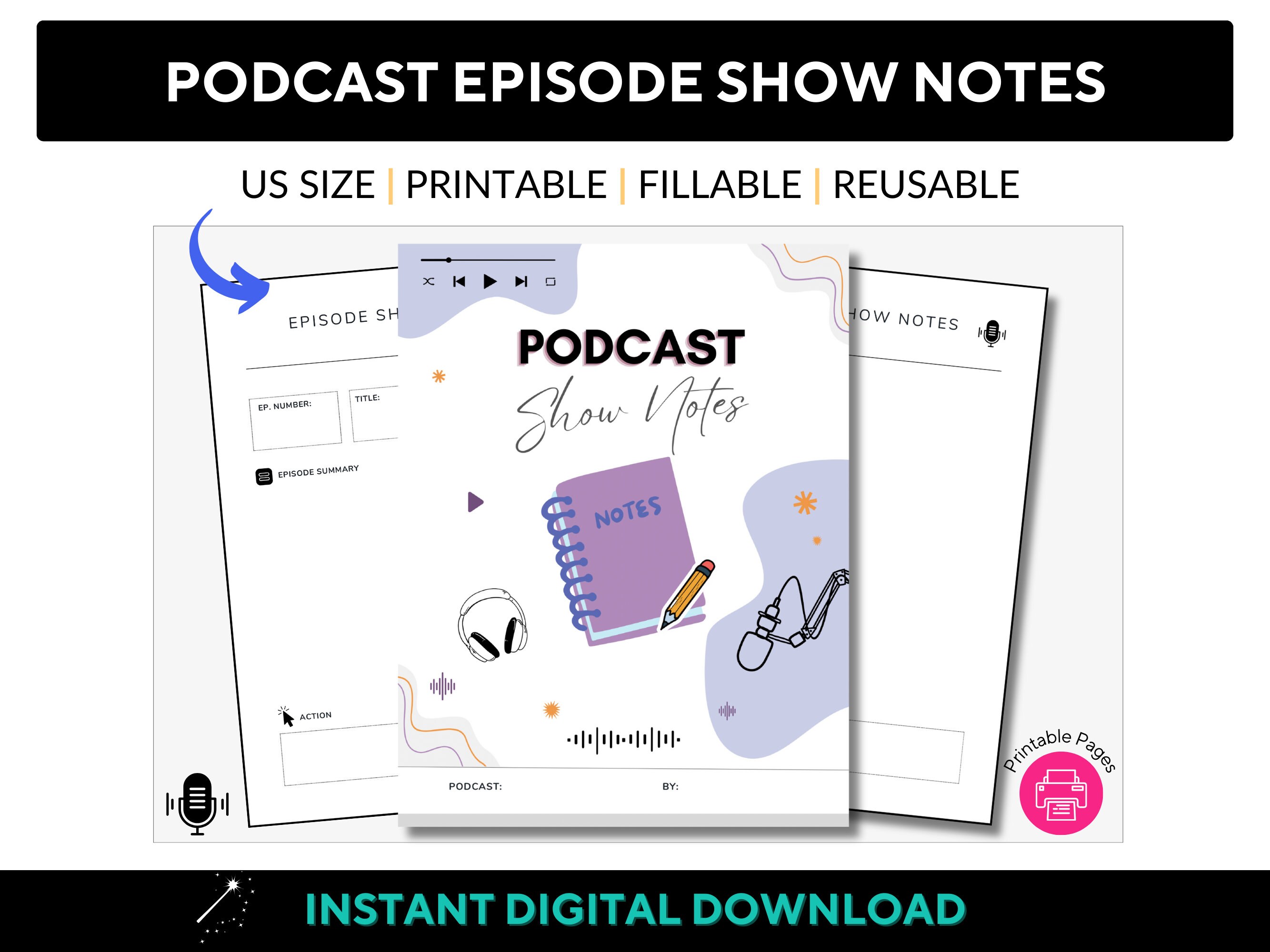 Podcast Episode Show Notes Template, US Printable Podcast Show Notes ...