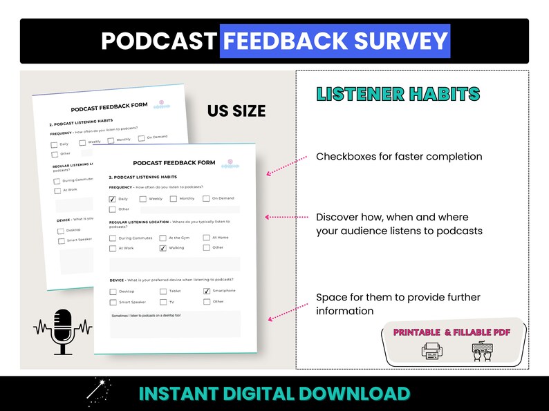 Podcast Feedback Survey Template, US Size Podcast Show Questionnaire ...