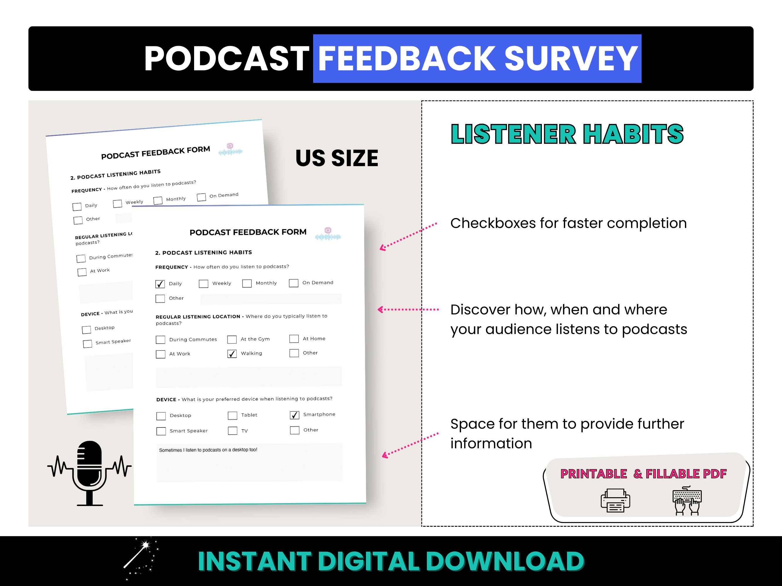 Podcast Feedback Survey Template, US Size Podcast Show Questionnaire ...