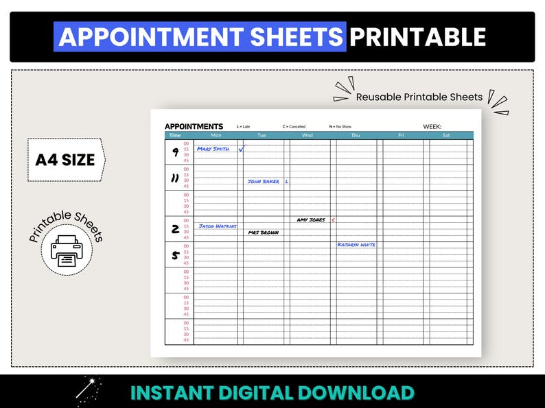 Appointment Sheets Printable, A4 Appointments Printable, A4 Landscape Appointment Sheet, Daily ...