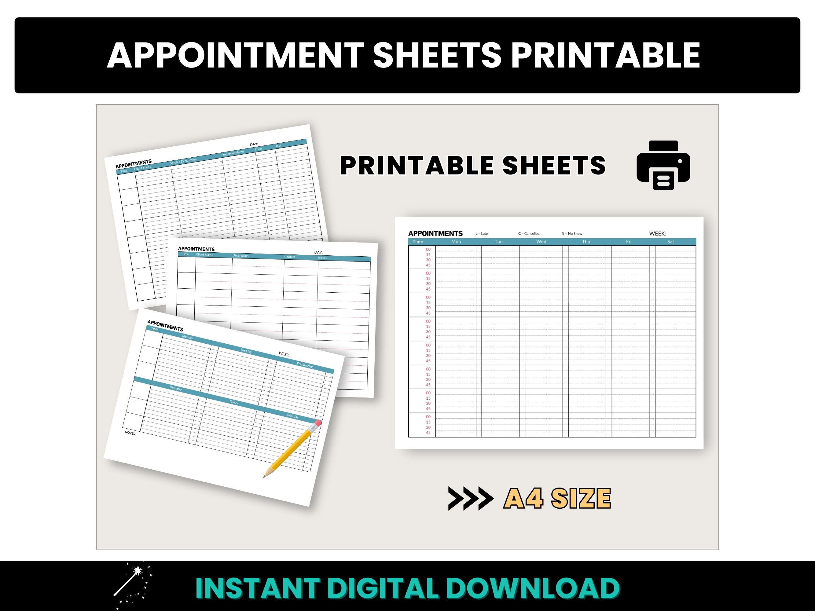 Appointment Sheets Printable, A4 Appointments Printable, A4 Landscape ...