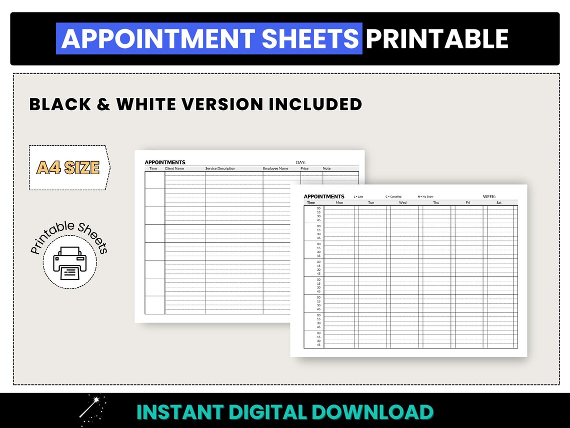 Appointment Sheets Printable, A4 Appointments Printable, A4 Landscape ...