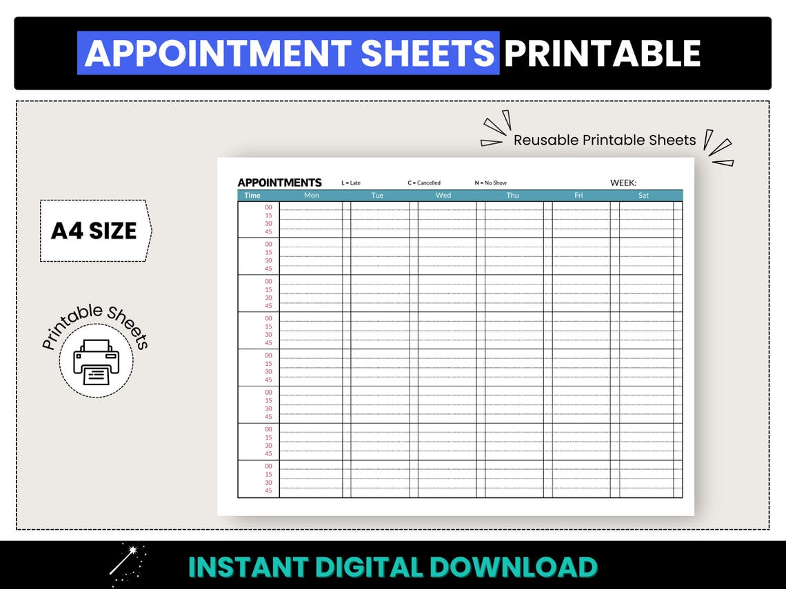 Appointment Sheets Printable, A4 Appointments Printable, A4 Landscape ...
