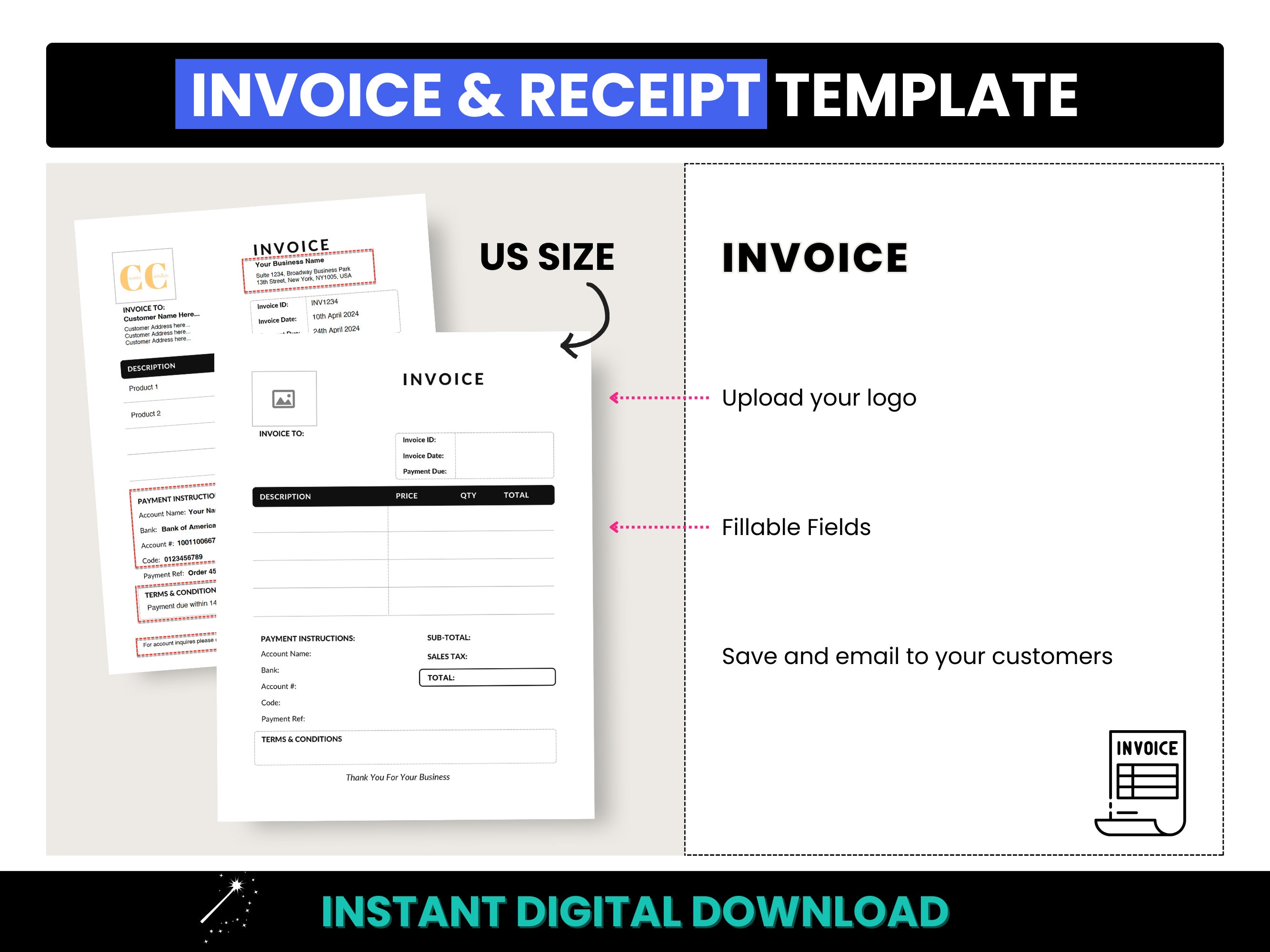 Invoice & Receipt Template, Fillable PDF Invoice, Business Invoice, US ...
