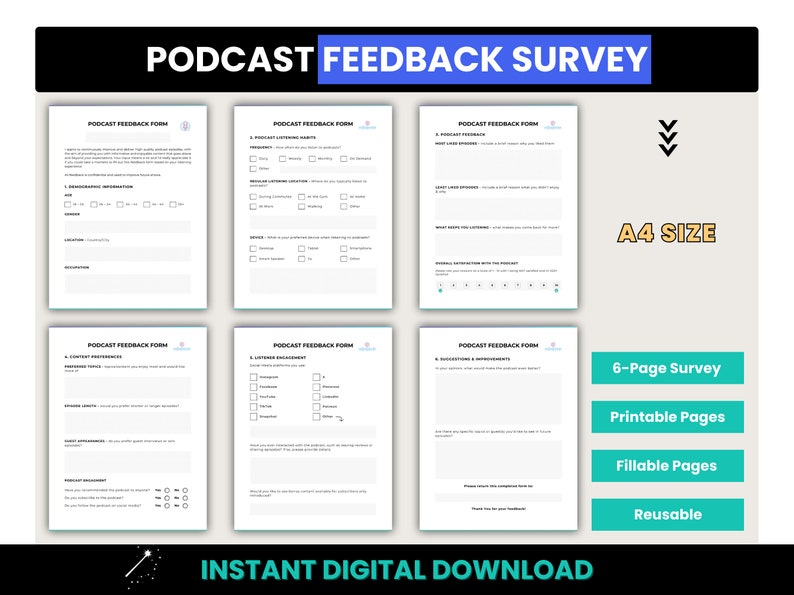Podcast Feedback Survey Template, A4 Size Podcast Show Feedback Form ...