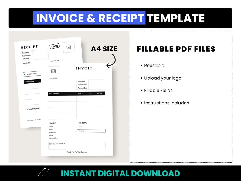 Invoice & Receipt Template, Fillable PDF Invoice, Business Invoice, A4 ...