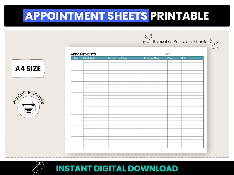 Appointment Sheets Printable, A4 Appointments Printable, A4 Landscape ...