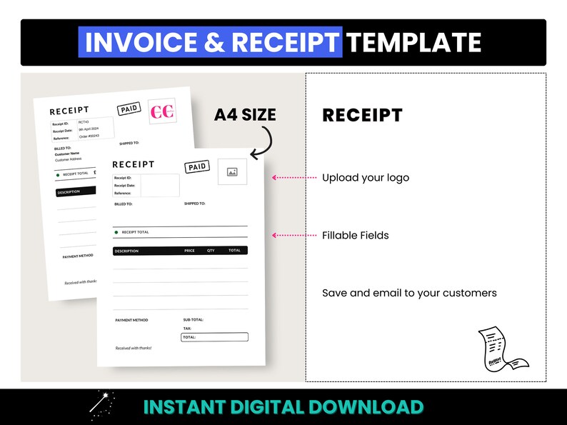 Fillable Invoice & Receipt Template: A4 Business Form (PDF) - Etsy ...