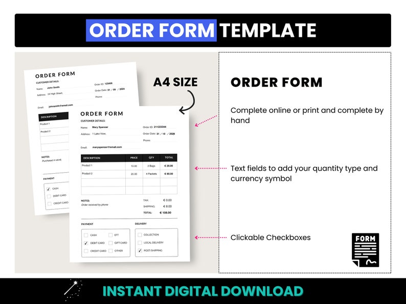 Order Form Template, A4 Fillable Order Form, Printable Order Form ...