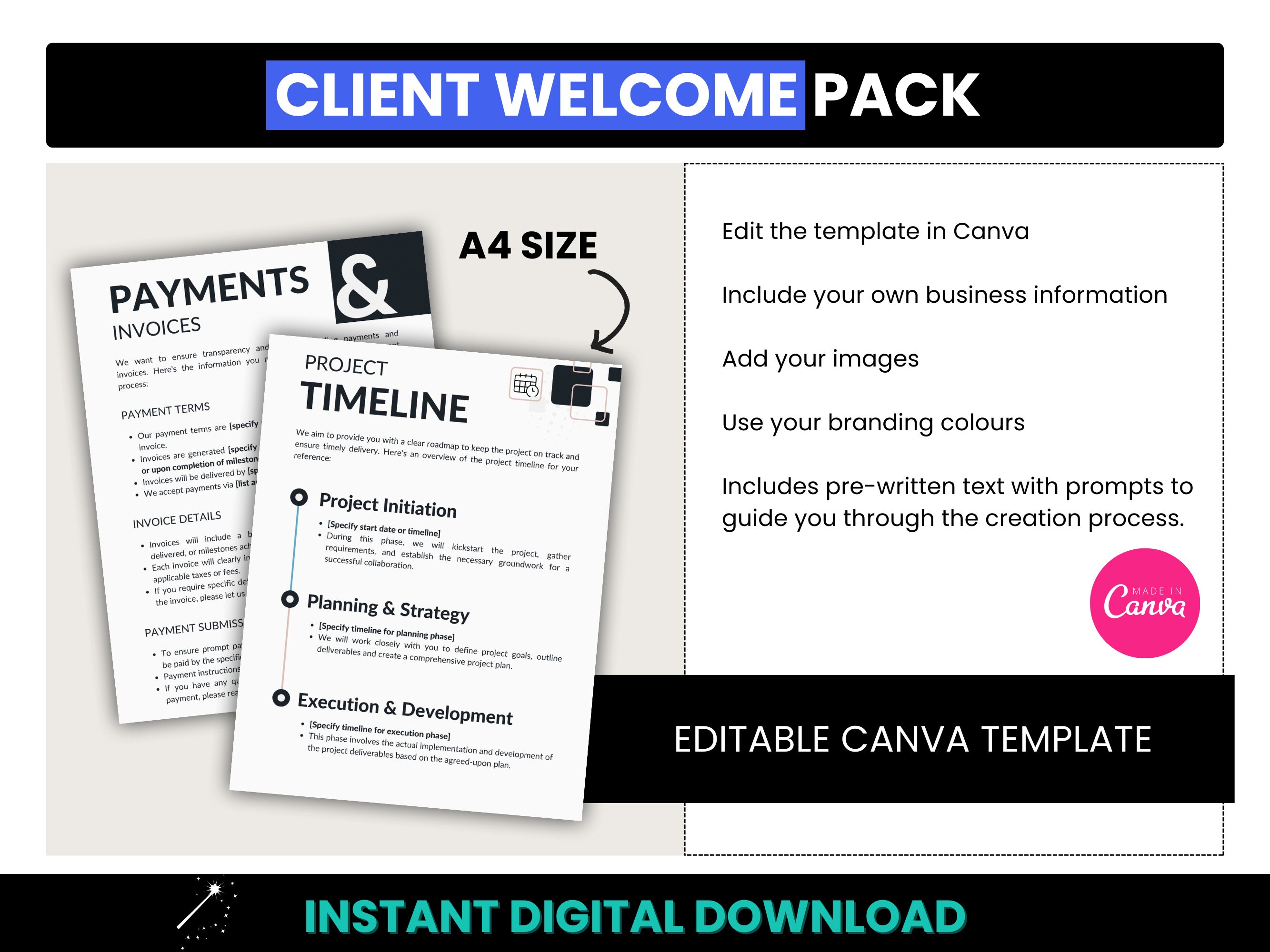 Client Welcome Pack, A4 Size Client Onboarding Template, Editable Canva ...
