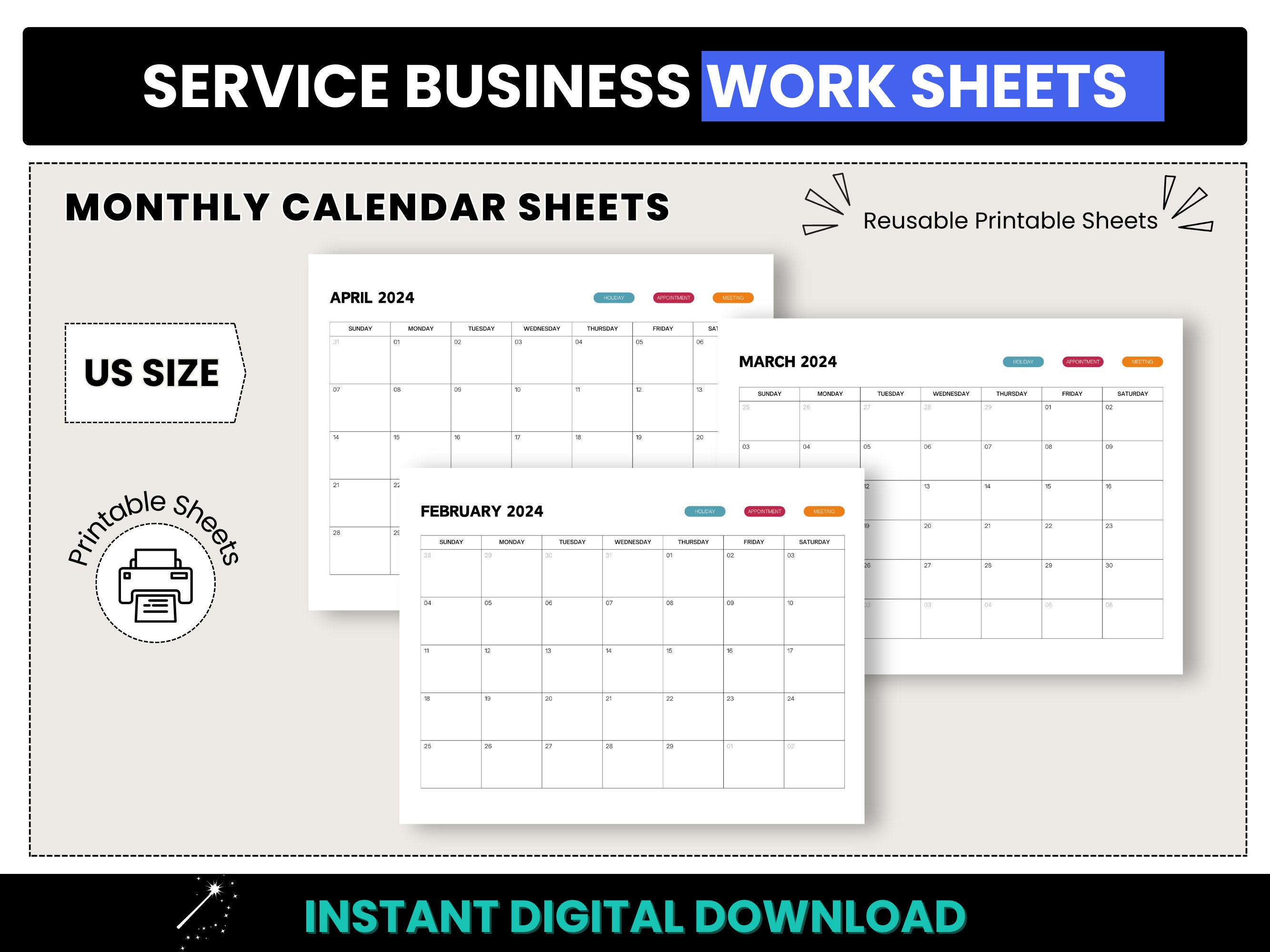 Service Business Work Sheets, Printable US Work Schedule Templates ...