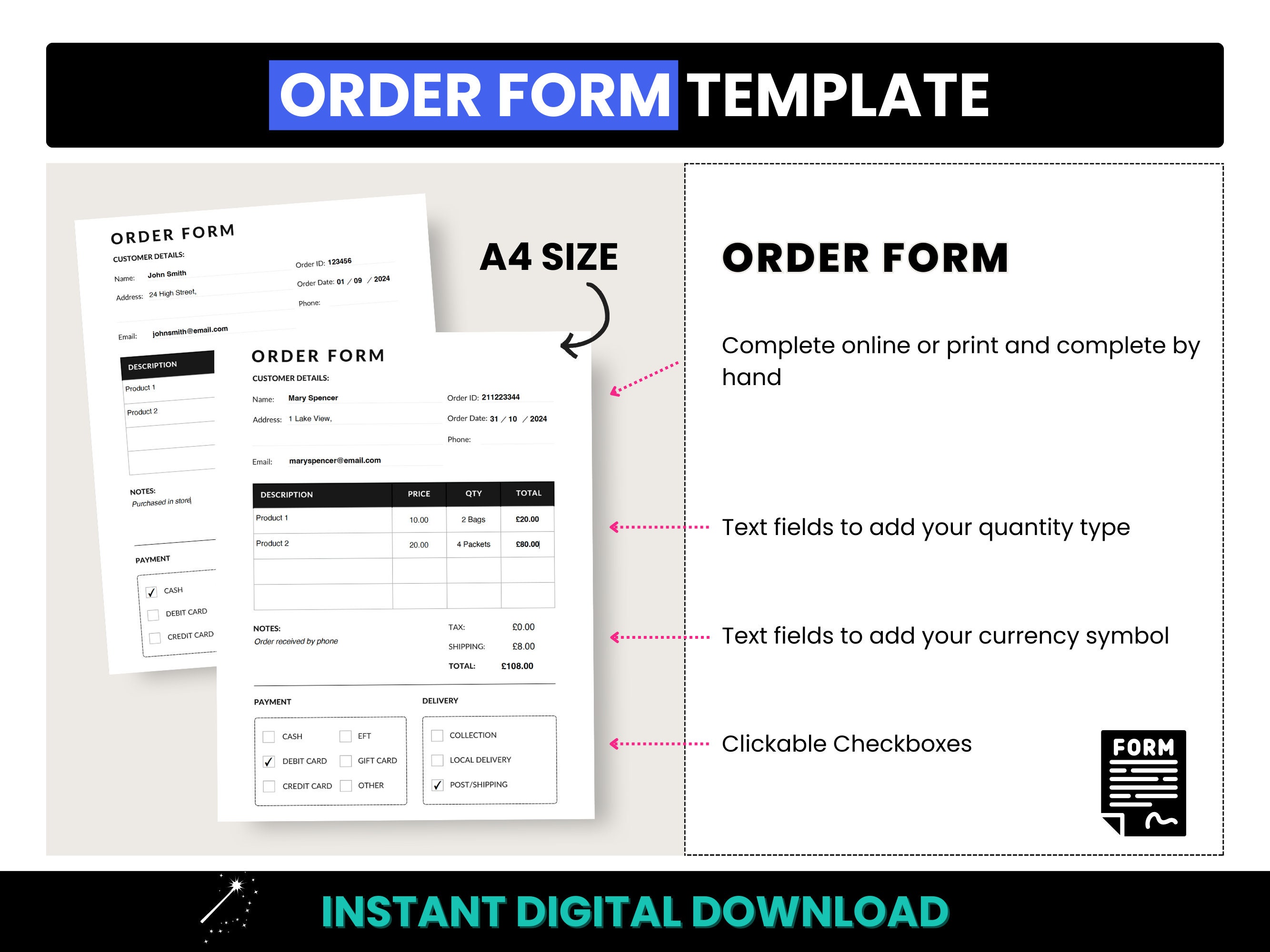 Order Form Template, A4 Fillable Order Form, Printable Order Form ...