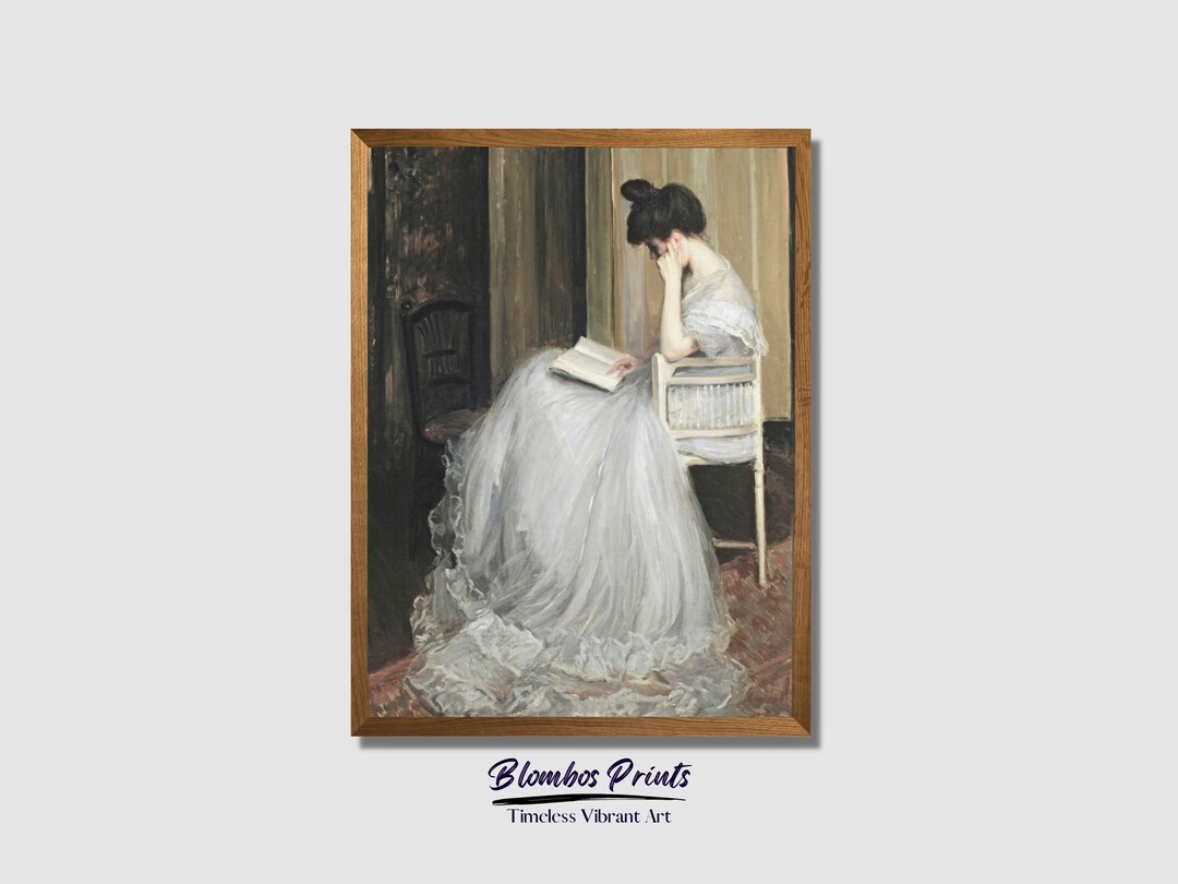 Elegant Woman Reading a Book Antique Painting | Lady Wearing a White ...