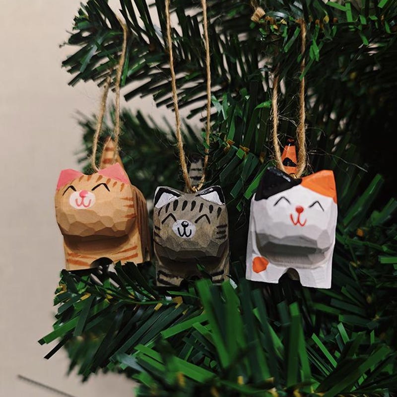Hand Carved Cat Ornaments - Etsy