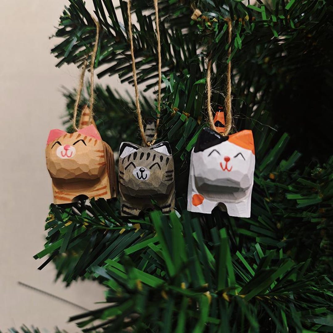 Hand Carved Wooden Cat Christmas Ornament, Cat Lover Gift - Etsy