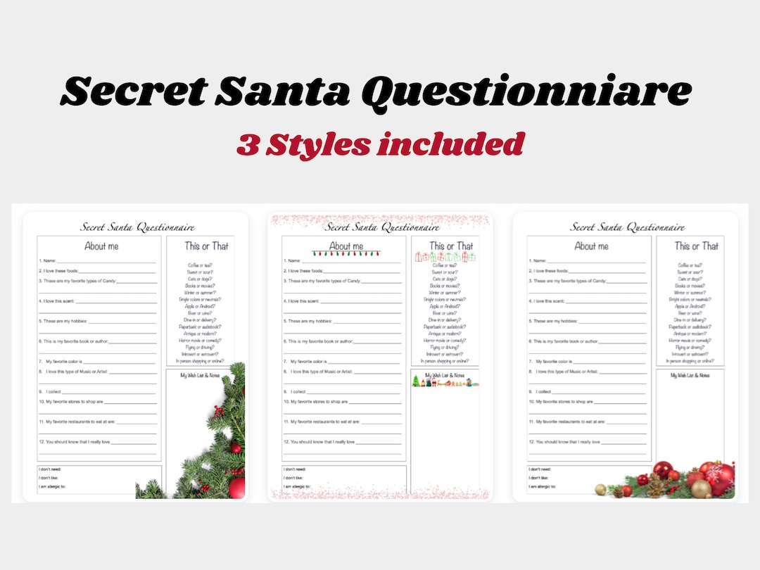 Secret Santa Survey, Printable Secret Santa Gift Exchange Survey ...