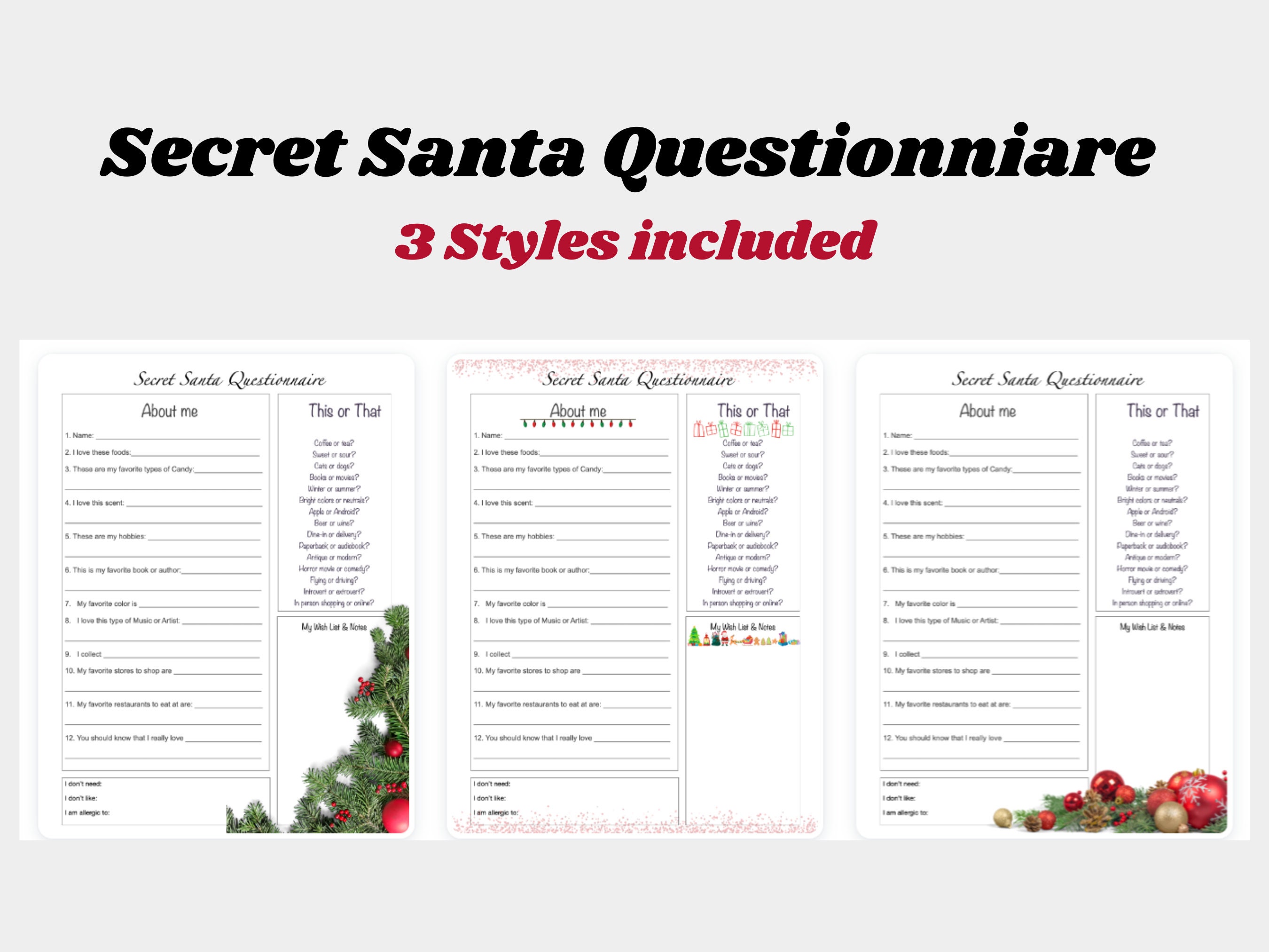 Secret Santa Survey, Printable Secret Santa Gift Exchange Survey ...