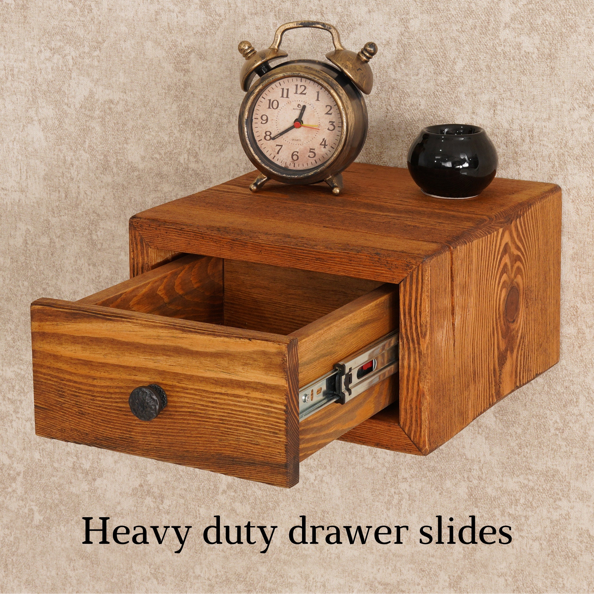 Floating nightstand with heavy duty drawer slides Rustic bedside Vintage farmhouse furniture