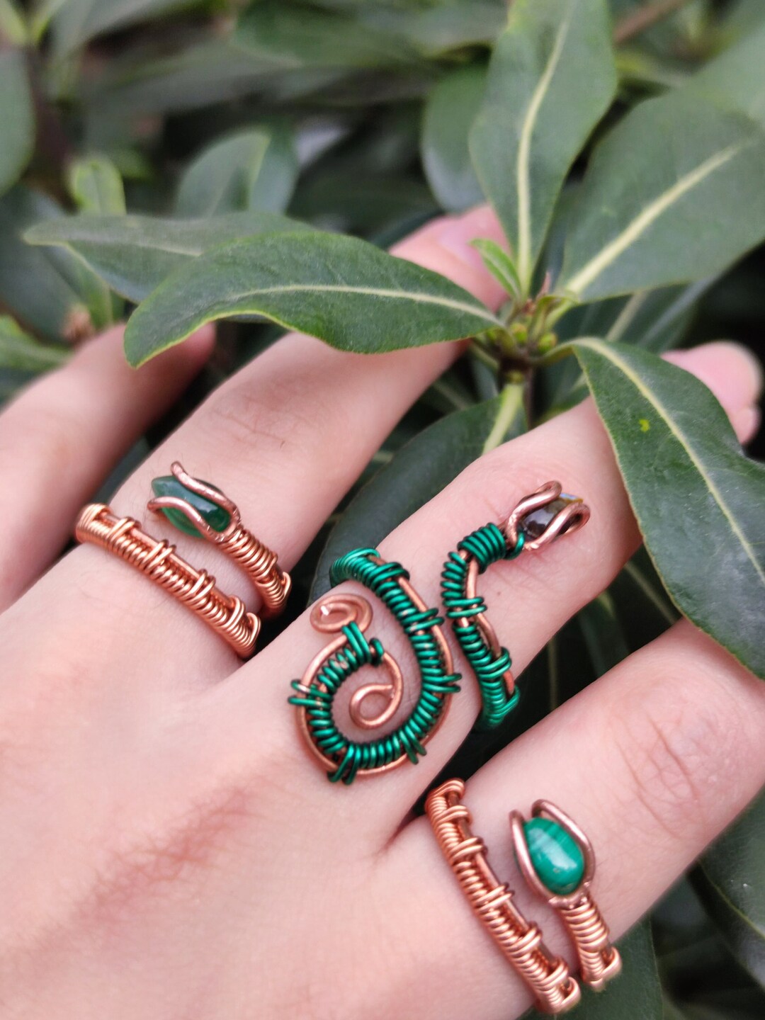 Green Crystal Copper Ring Combo Adjustable Ring Snake Ring Abalone ...