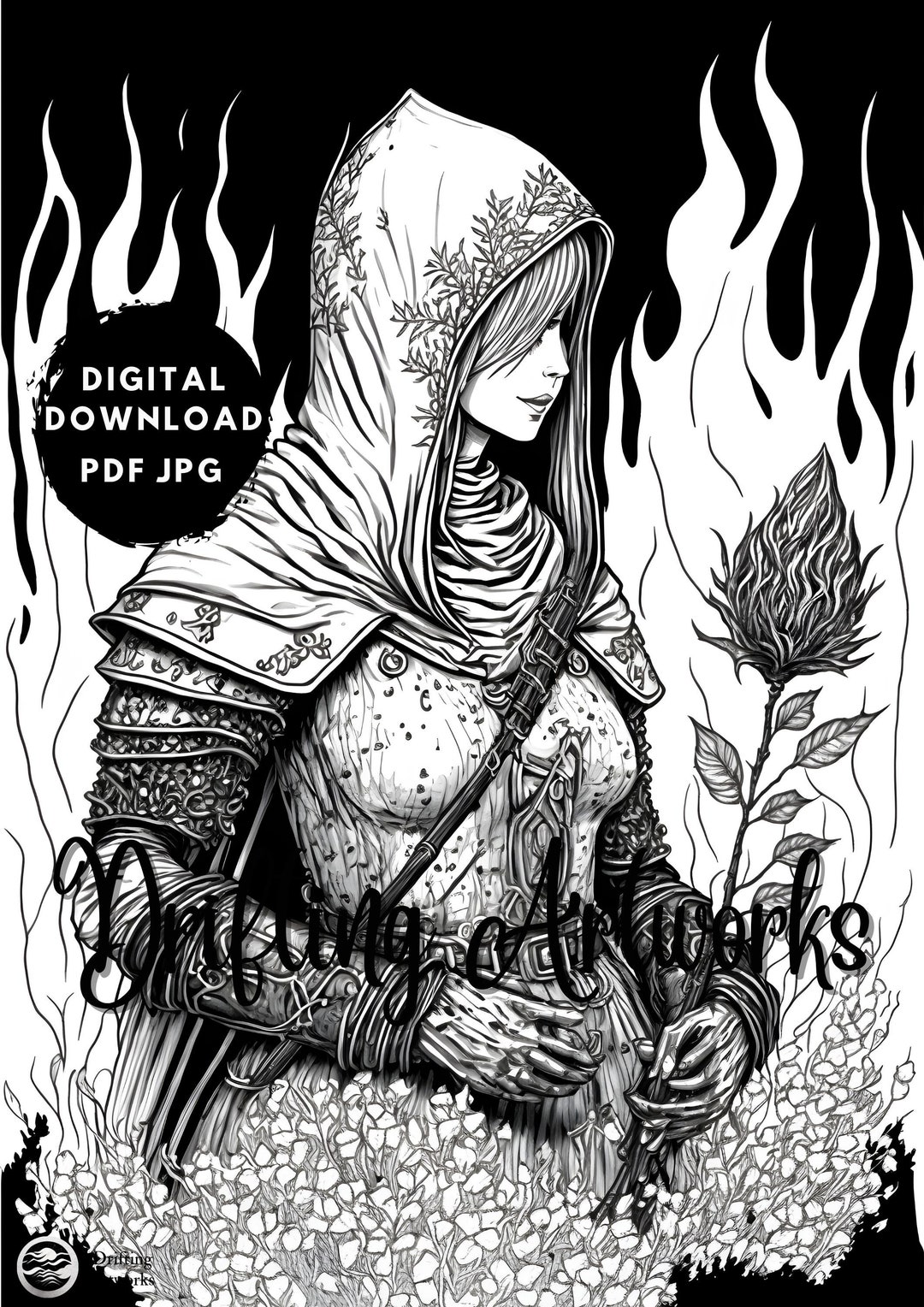 Flame Maiden Coloring Book Page Fantasy Themed Adult - Etsy