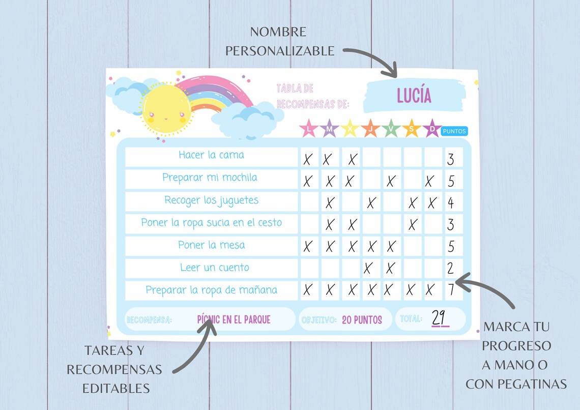 EDITABLE Sun and Rainbow Reward Chart in Spanish, Behavior Chart/daily ...
