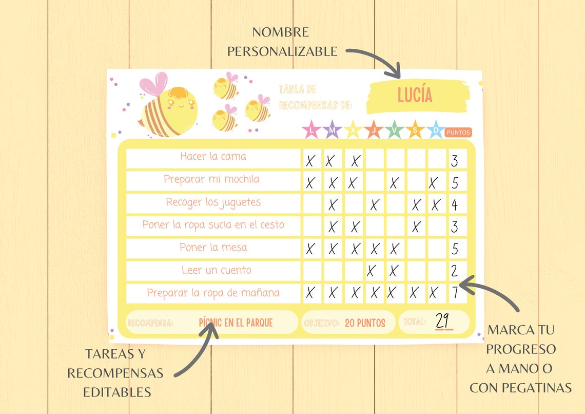 EDITABLE Bee Reward Chart in Spanish, Behavior and Daily Tasks Chart ...