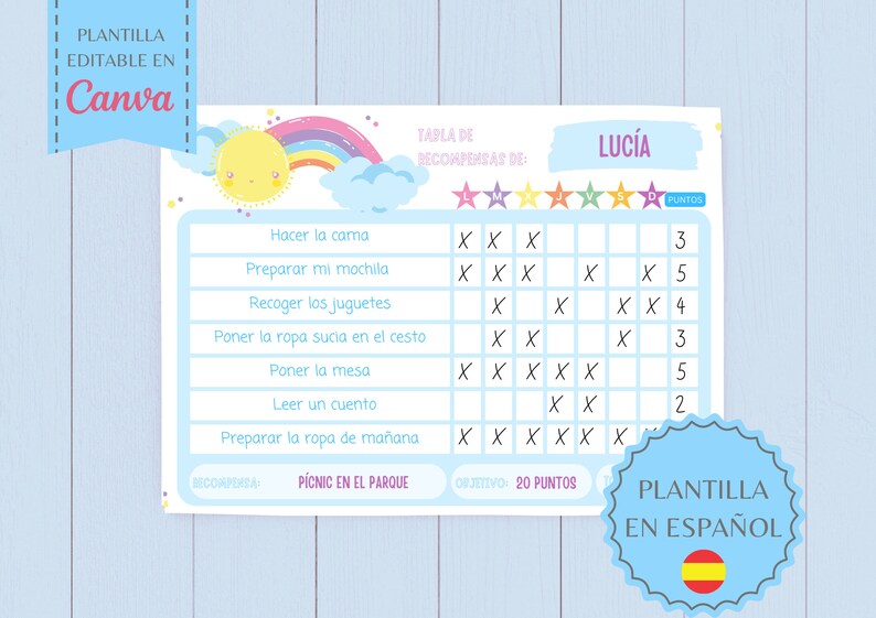 EDITABLE Sun and Rainbow Reward Chart in Spanish, Behavior Chart/daily ...