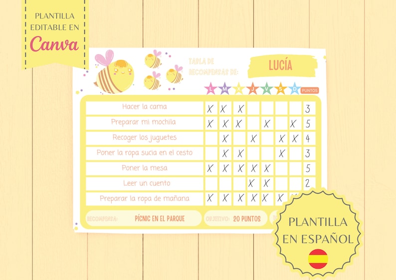 EDITABLE Bee Reward Chart in Spanish, Behavior and Daily Tasks Chart ...