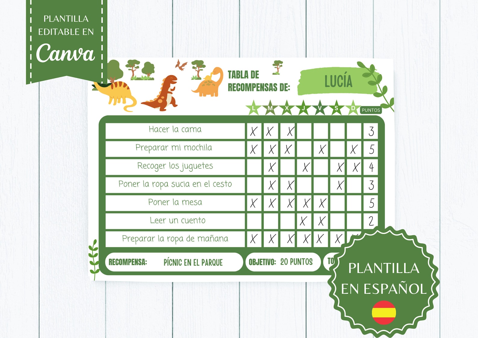 EDITABLE Dinosaur Reward Chart in Spanish, Behavior Chart/daily Tasks ...