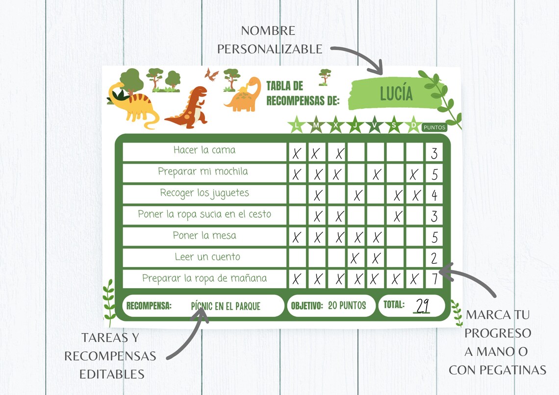 EDITABLE Dinosaur Reward Chart in Spanish, Behavior Chart/daily Tasks ...