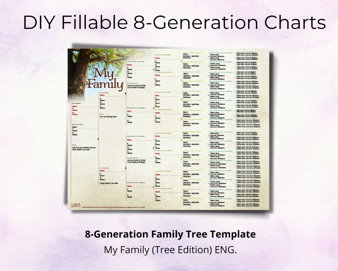 English, My Family, Tree Illustration, DIY Fillable 8-generation Charts ...